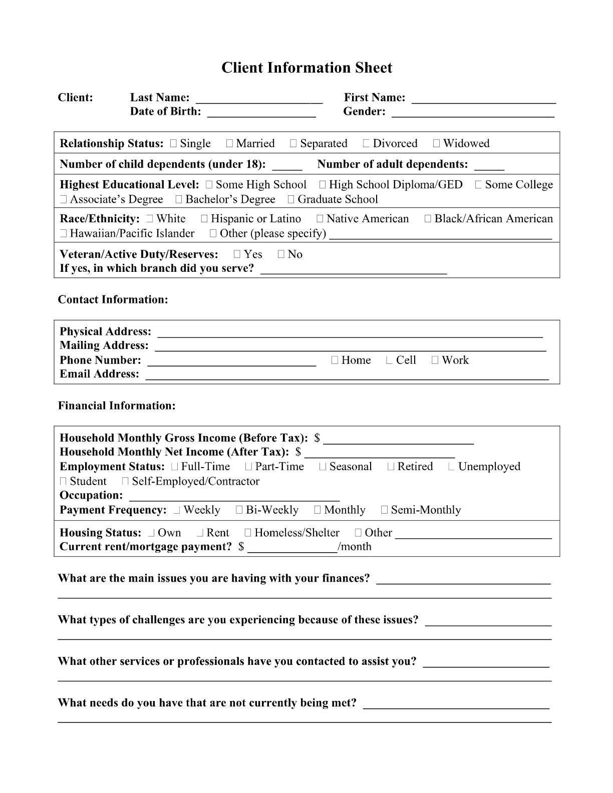 Blank Digital Printable Template PDF Word Client Information Intake ...