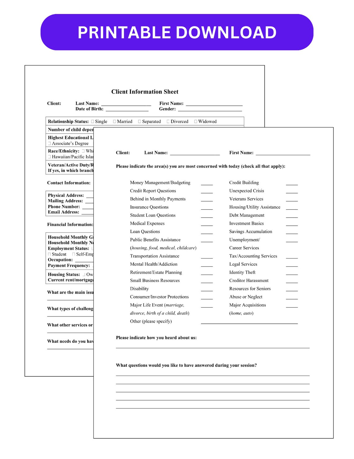 Blank Digital Printable Template PDF Word Client Information Intake ...