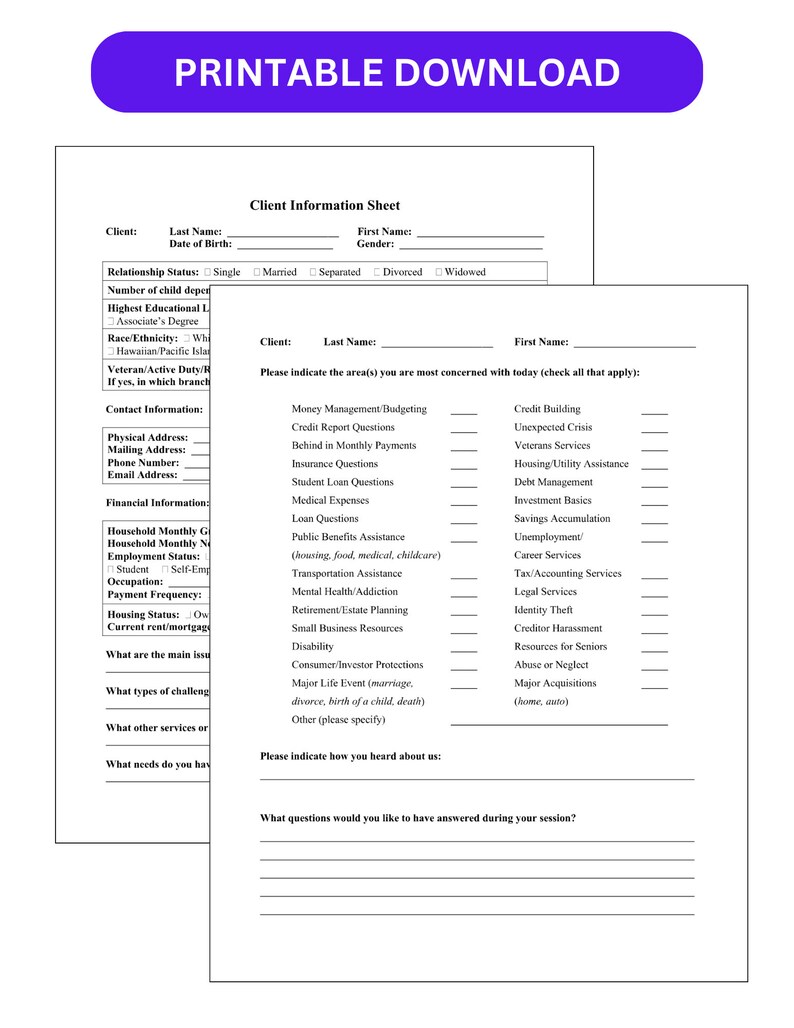 Blank Digital Printable Template PDF Word Client Information Intake ...