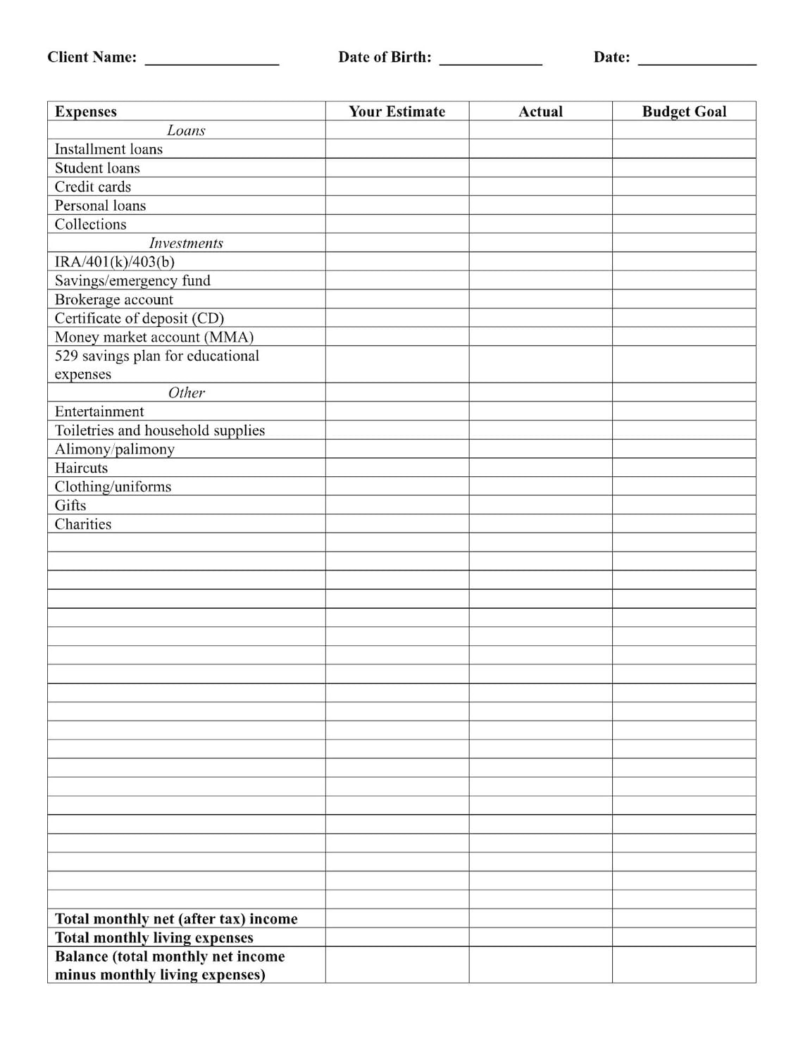 Monthly Expenses Tracker Worksheet Budget Blank Digital Printable ...