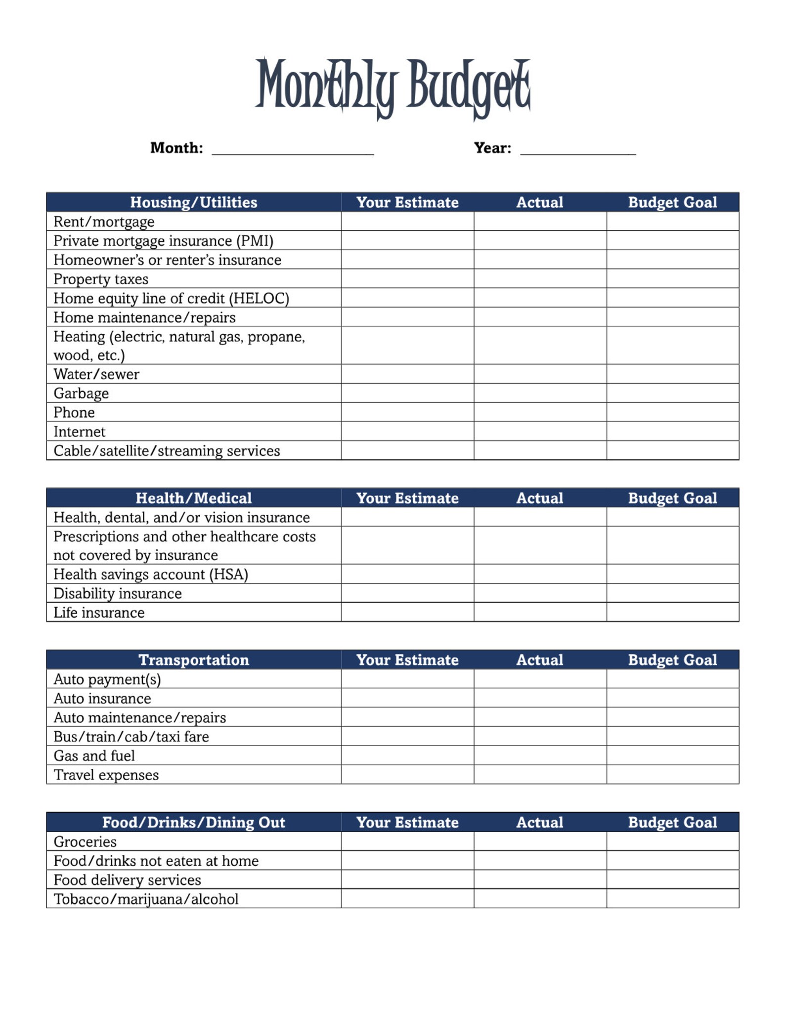 Monthly Expenses Worksheet Budget Blank Digital Printable Template PDF ...