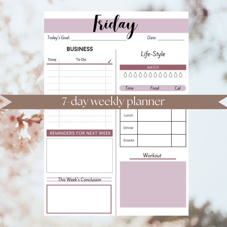 Weekly Planner 7-day Digital Printable Planner Fitness and Calorie ...