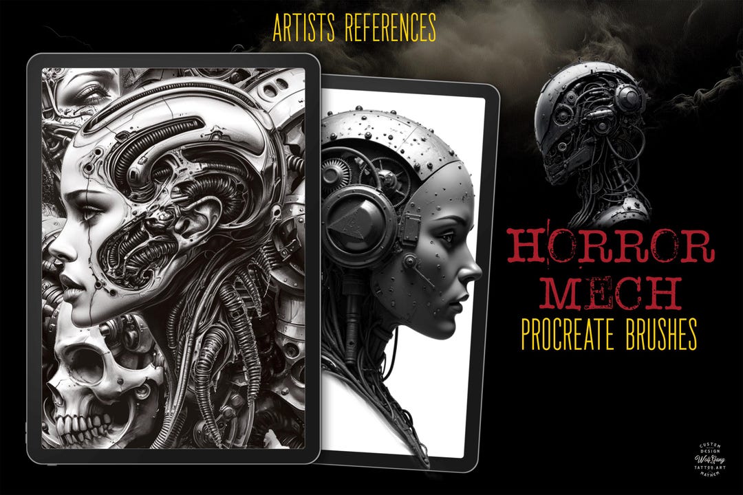 Procreate Horror Biomech Tattoo Reference Kit: 150+ Alien Mech Skulls ...
