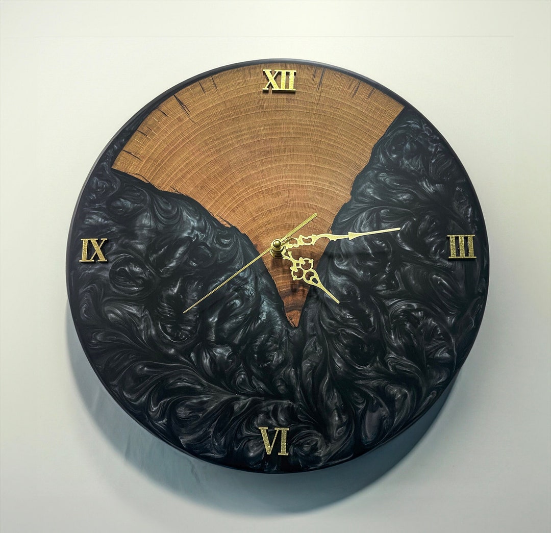 Handcrafted Epoxy Resin Art Wall Clock, Wood & Black Swirl Pattern ...