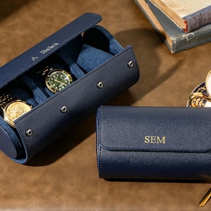 Personalized Leather Watch Case, Navy Blue Travel Watch Box, Watch Roll ...