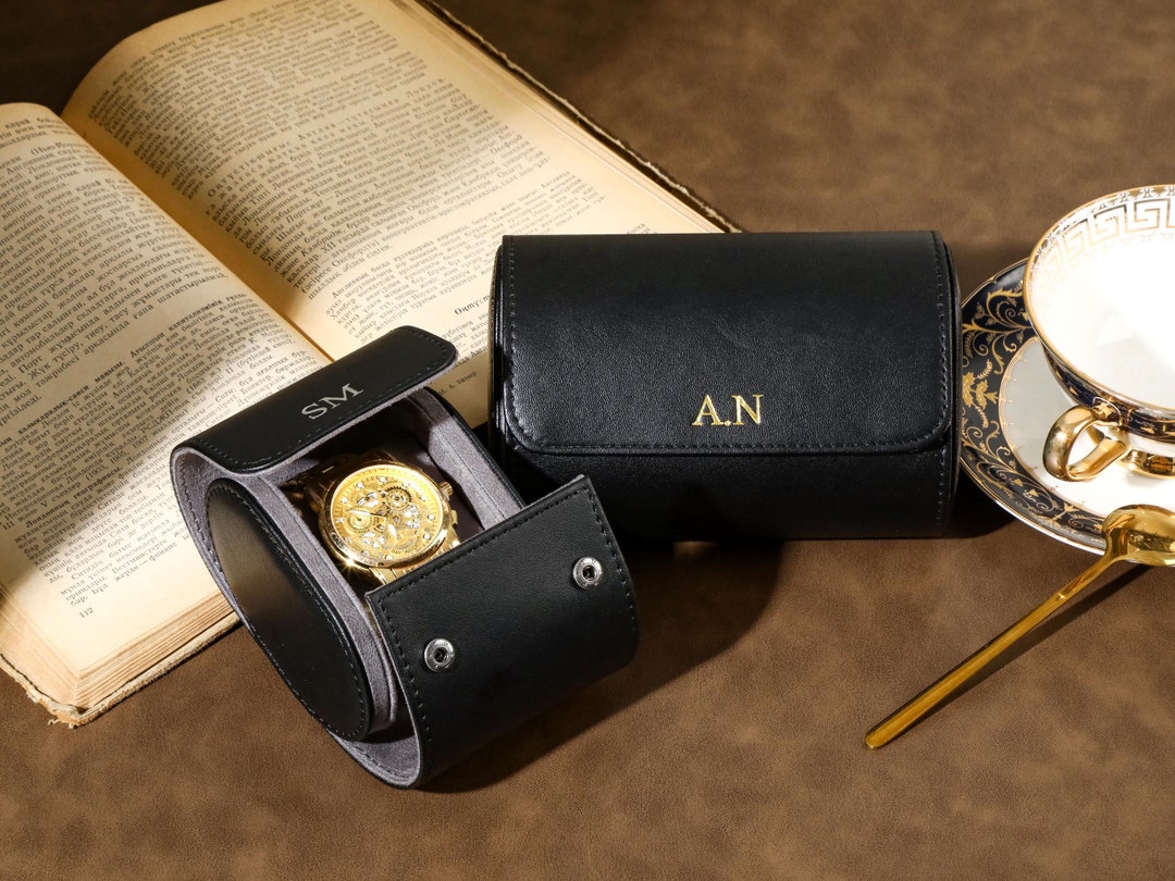 Classic Black Personalized Leather Watch Case, Watch Roll for 3 Watches ...