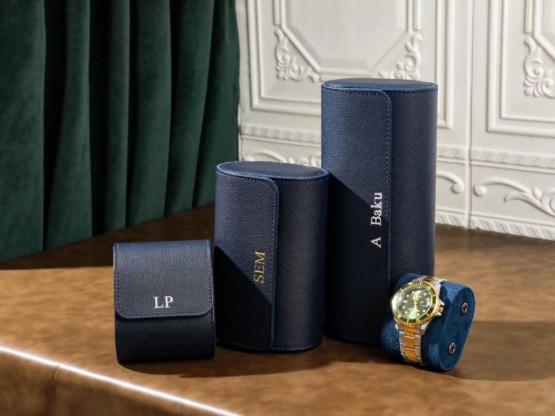 Navy Blue Travel Watch Box, Personalized Leather Watch Case, Watch Roll ...