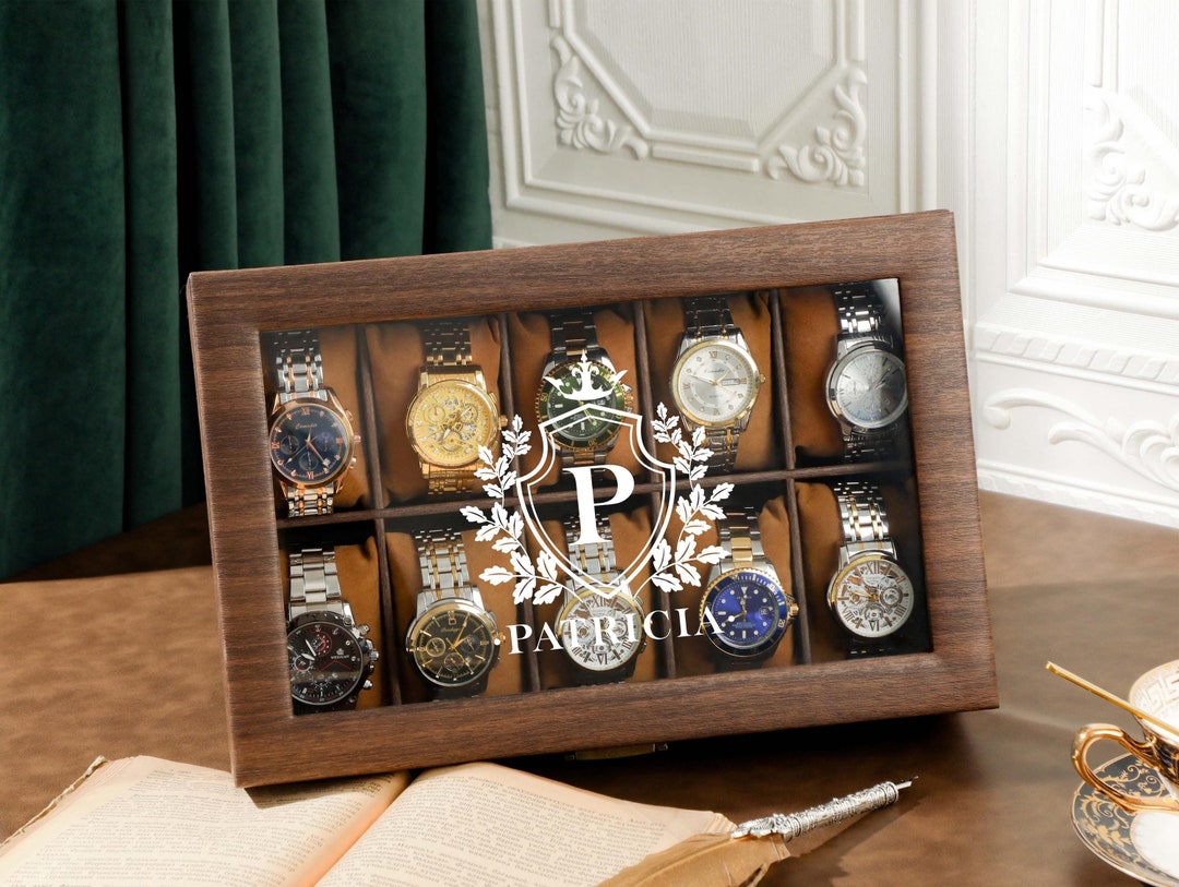 Custom Wooden Watch Case With Glass Lid, Personalized Brown Watch Box ...