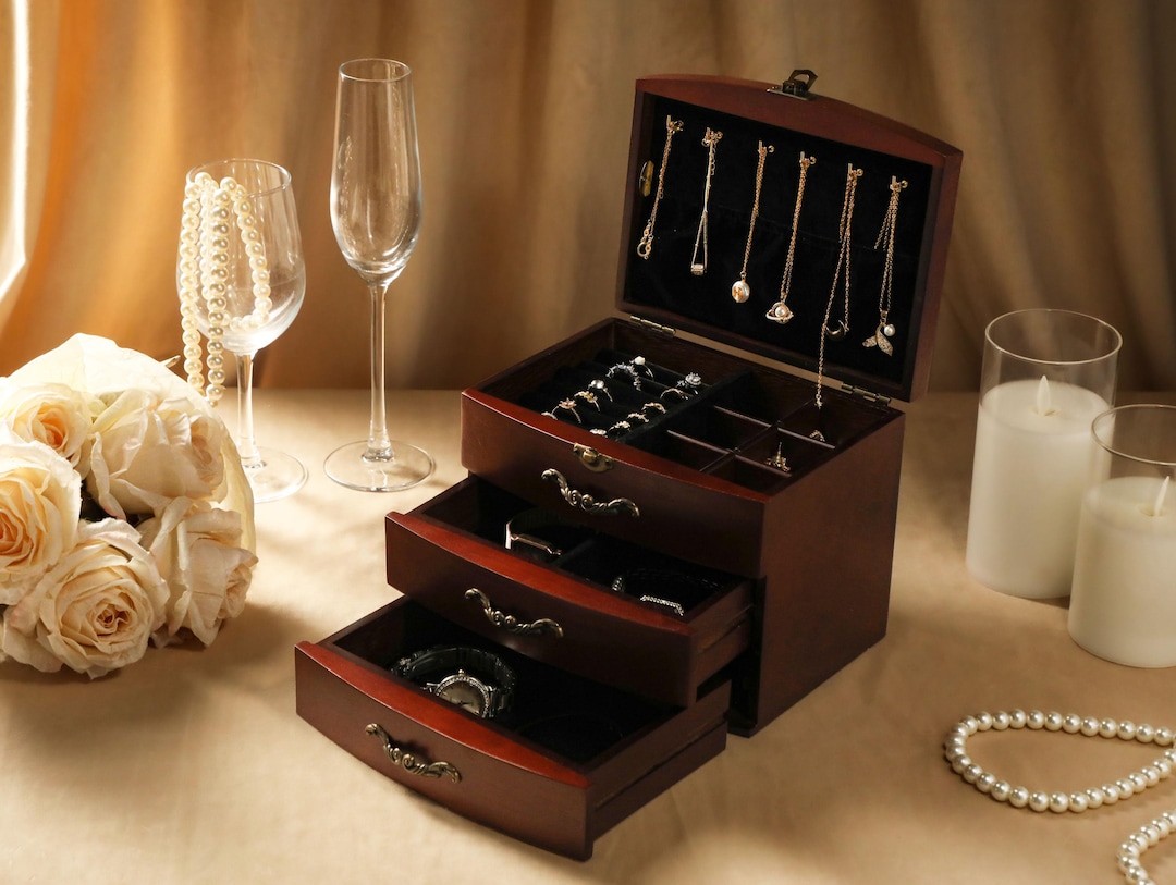 Personalized Retro Large Jewelry Box, Engraved Wooden Jewelry Box for ...