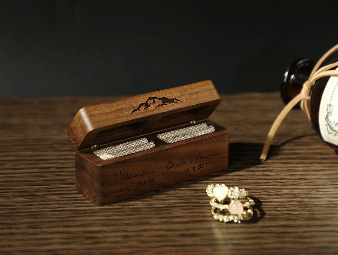 Personalized Wooden Wedding Ring Box, Wood Engraved Wide Double Slot ...
