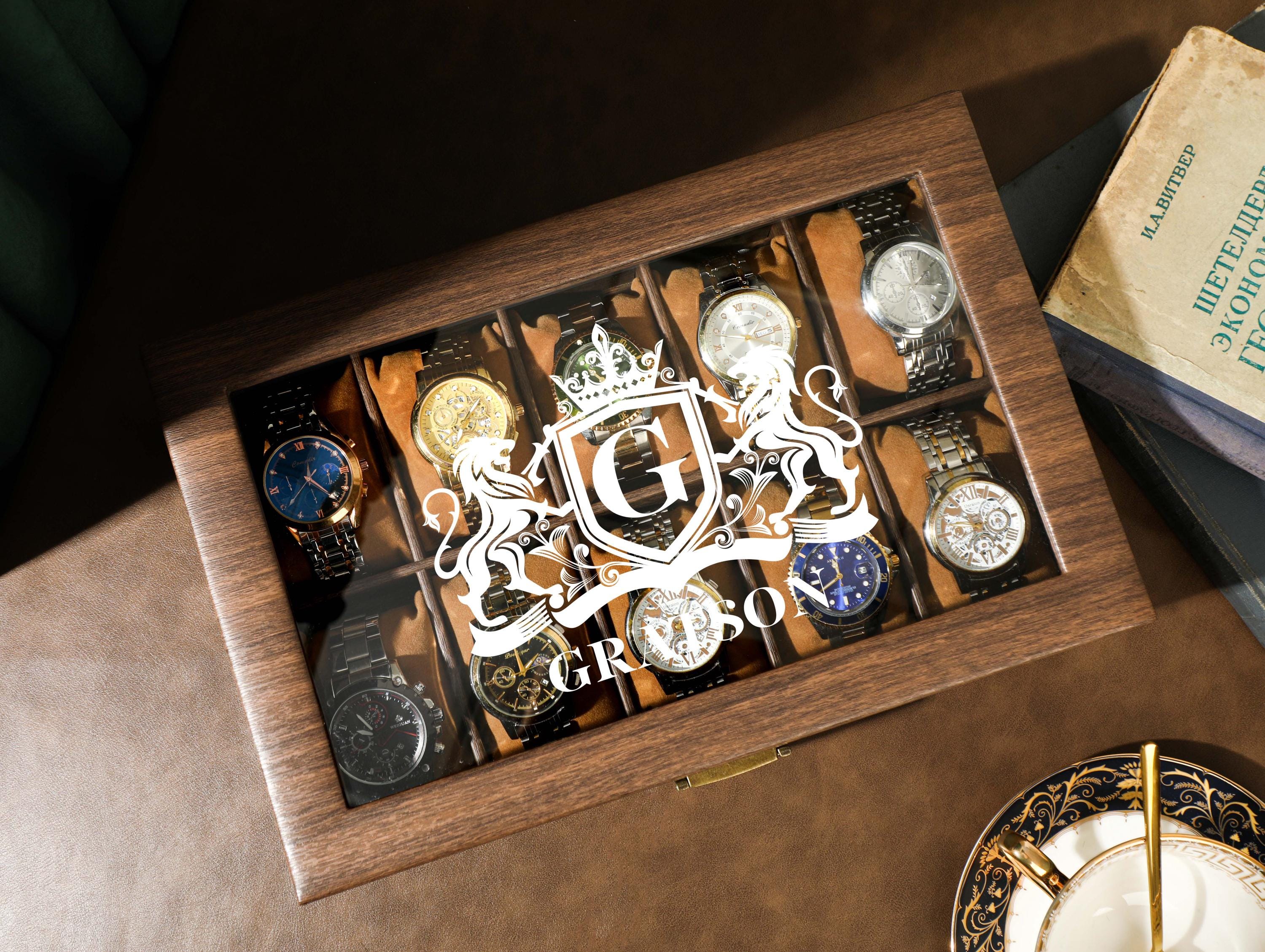Custom Wooden Watch Case With Glass Lid, Personalized Brown Watch Box ...