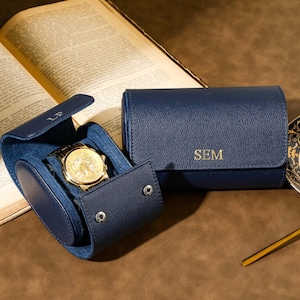Personalized Leather Watch Case, Navy Blue Travel Watch Box, Watch Roll ...