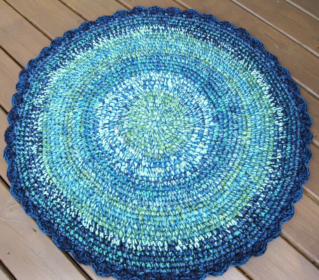 Round Rag Rug Handmade Crochet Teal Blues 38 Scalloped Edging Acrylic ...