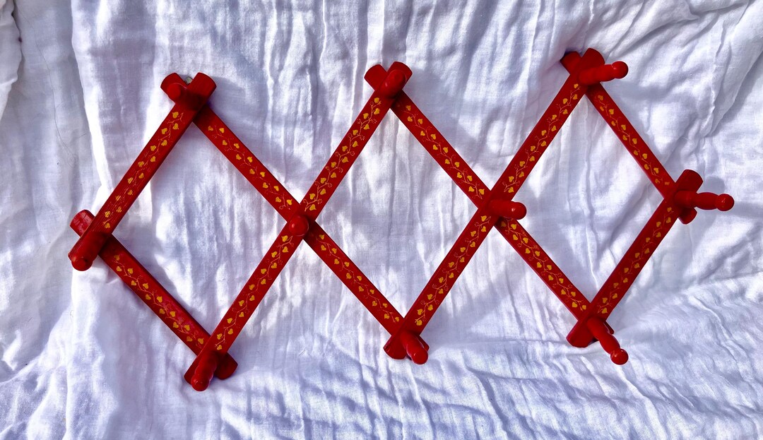 Vintage Accordian Peg Rack Wooden Painted Red With Yellow/gold Leaf ...