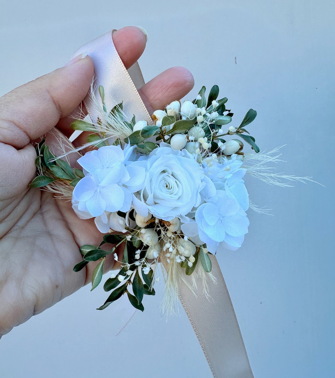 White Mini Rose Wrist Corsage Wedding Flower Matching Buttonhole Dry ...