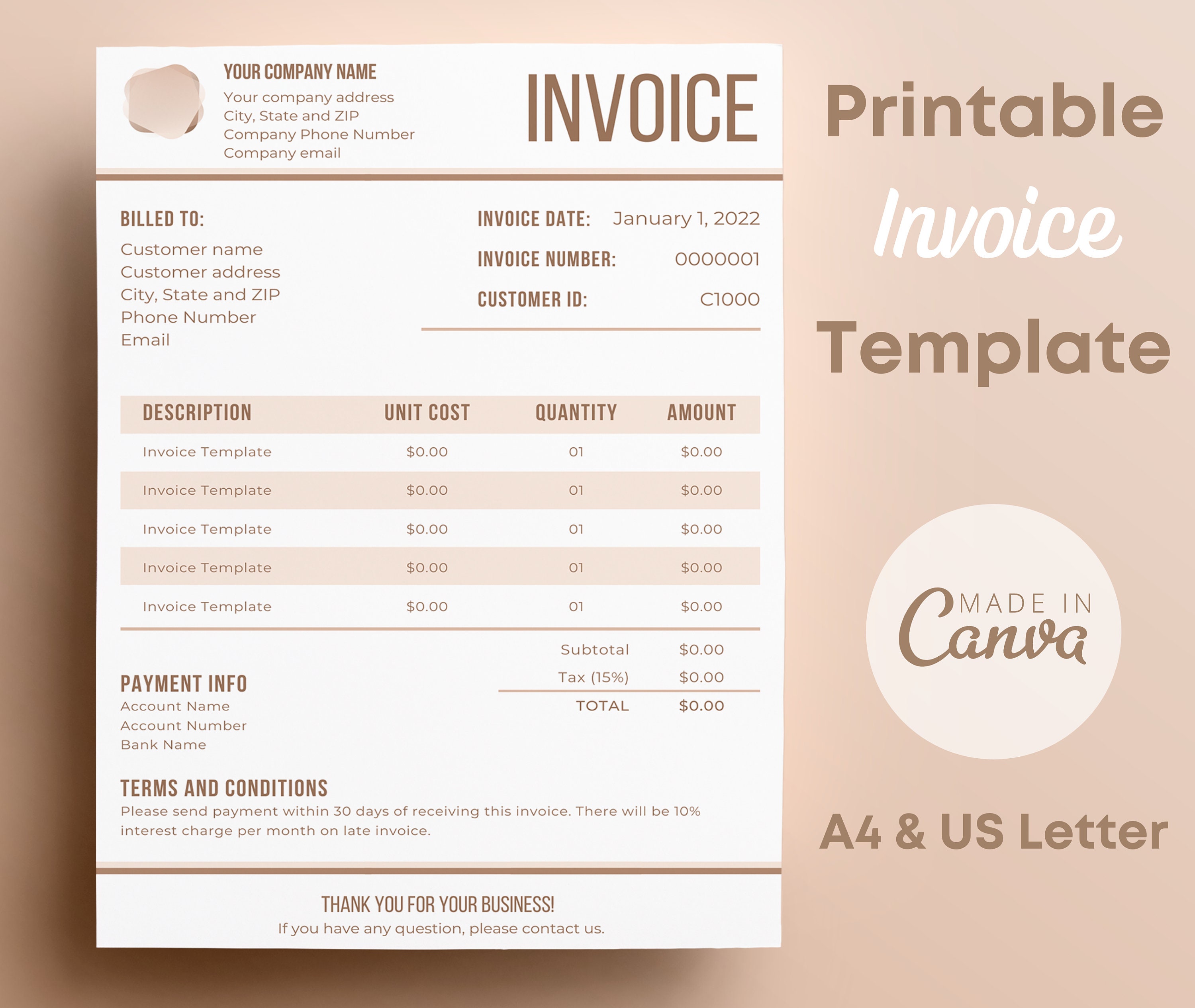 Invoice Template | Canva Template | Letterhead | Digital Download ...