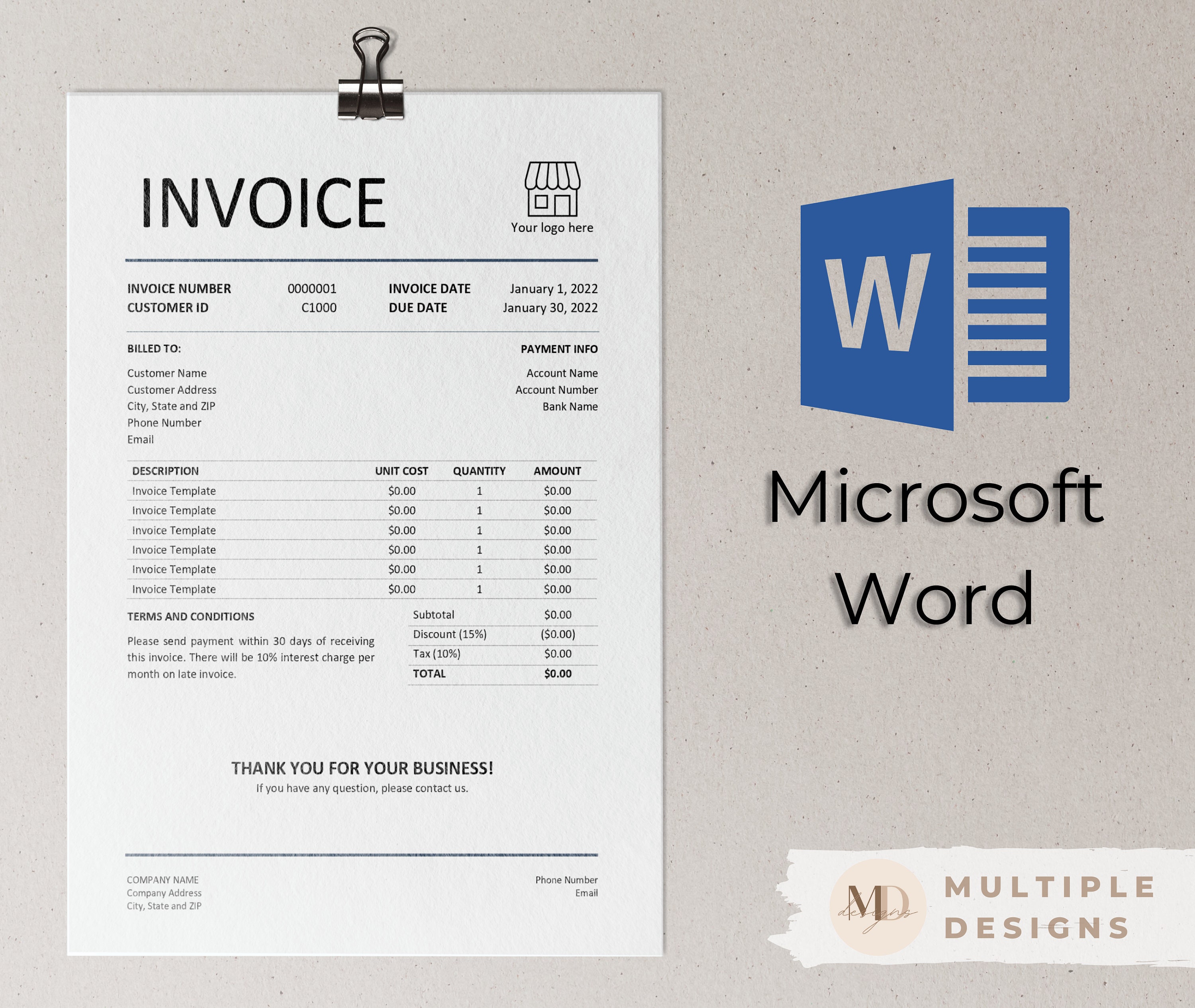 Microsoft Word Invoice Template - Etsy