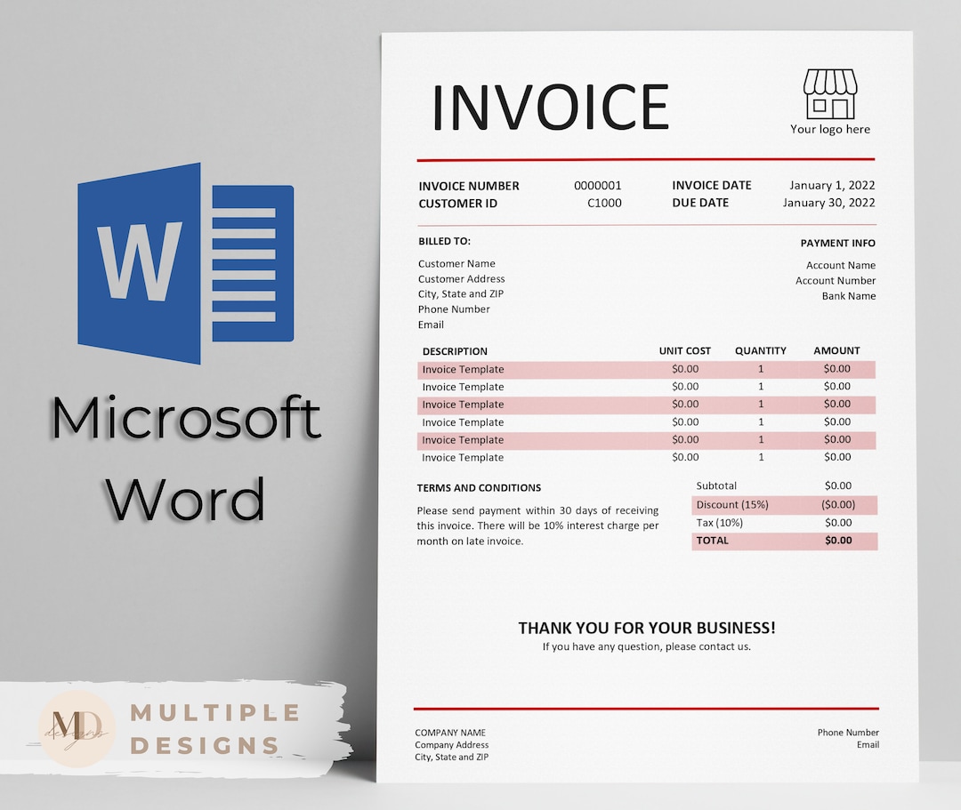 Microsoft Word Invoice Template - Etsy