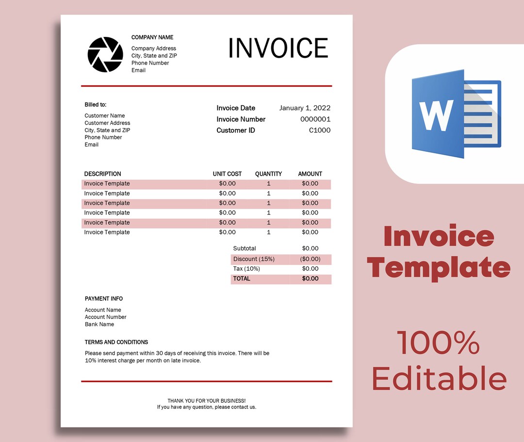 Microsoft Word Invoice Template - Etsy