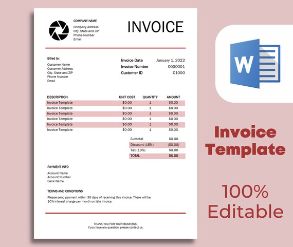 Microsoft Word Invoice Template | Etsy