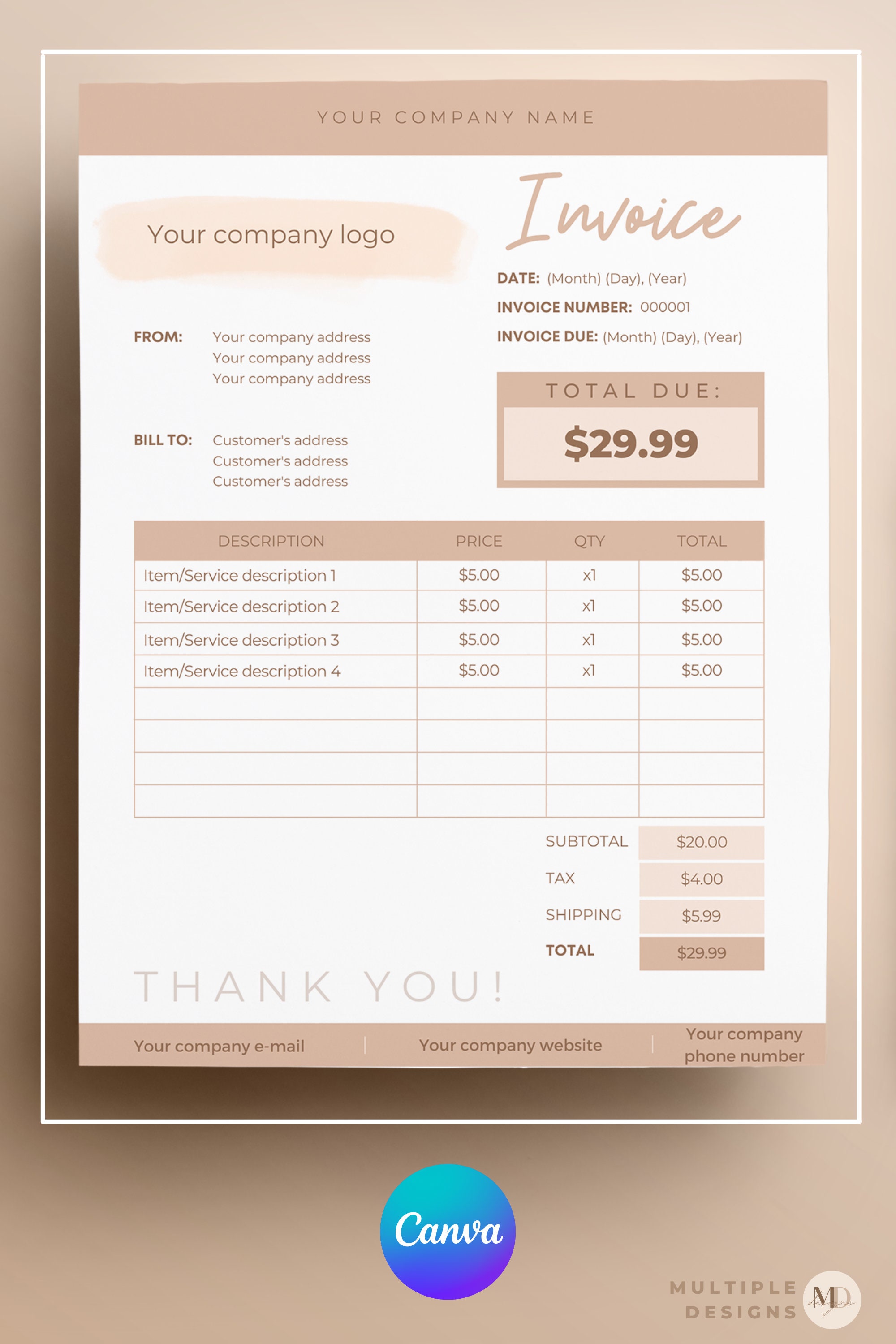 Invoice Template Canva Template Instant Download Digital - Etsy