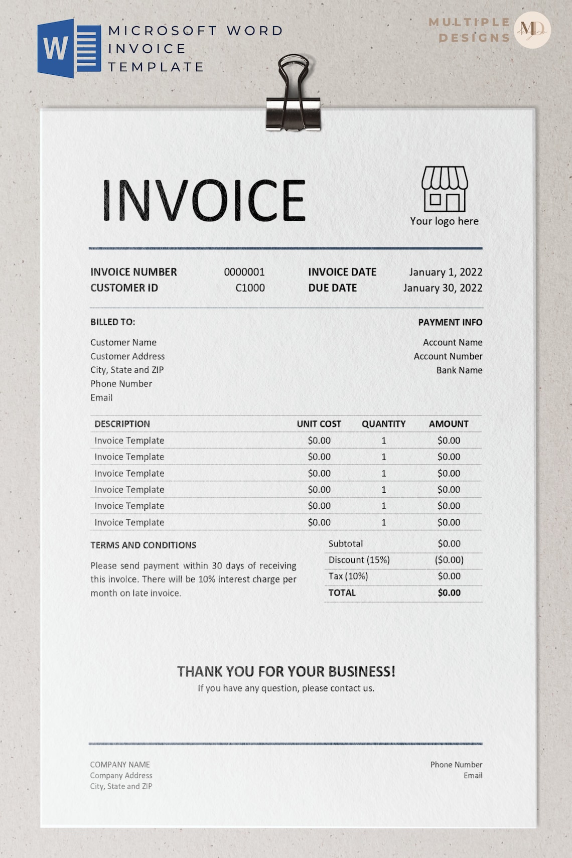 Microsoft Word Invoice Template - Etsy