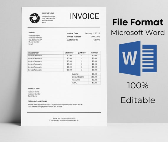Microsoft Word Invoice Template | Etsy