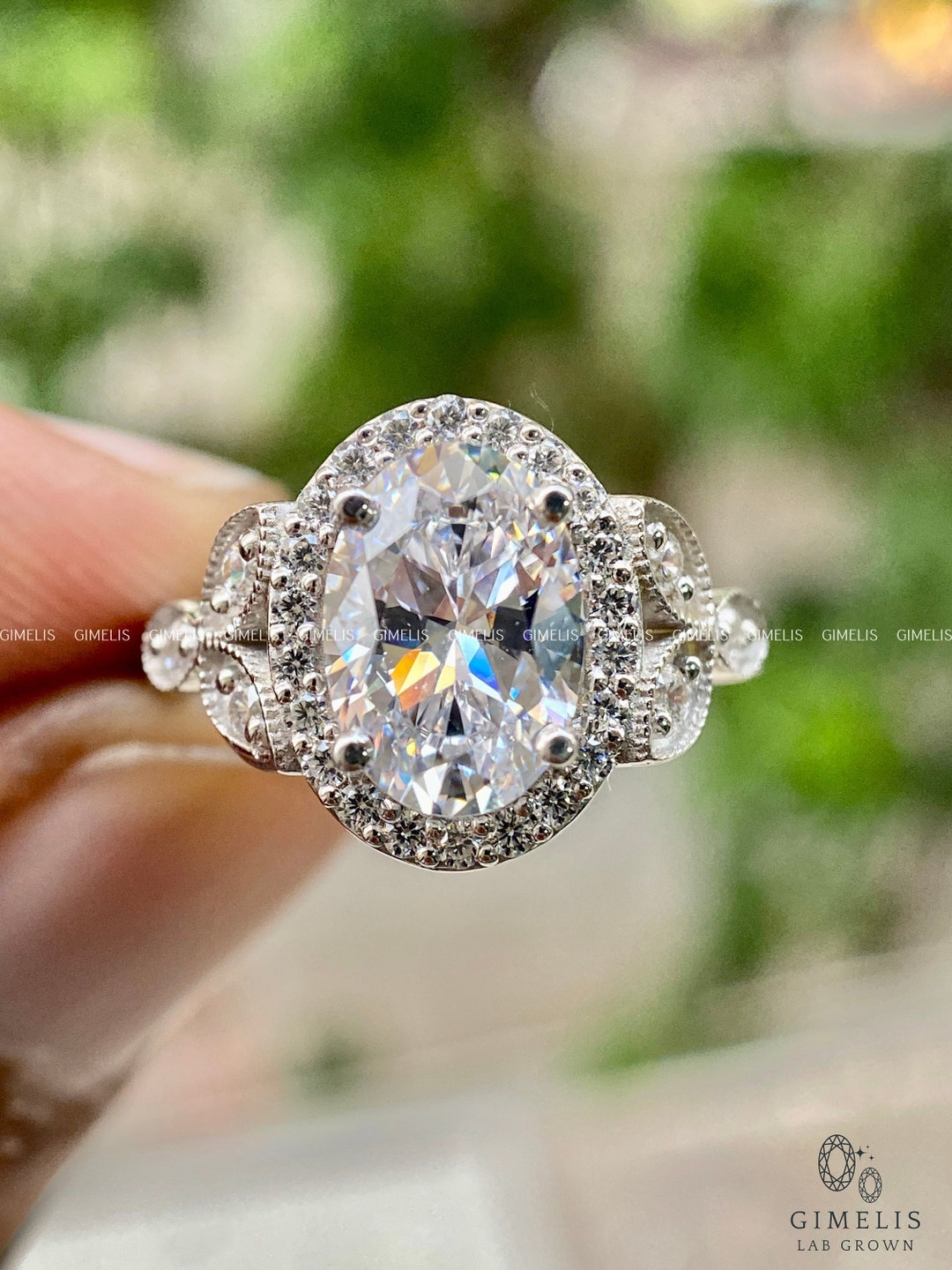 Oval 3 CT Moissanite Engagement Ring Floral Ring Unique Solid 14K White ...
