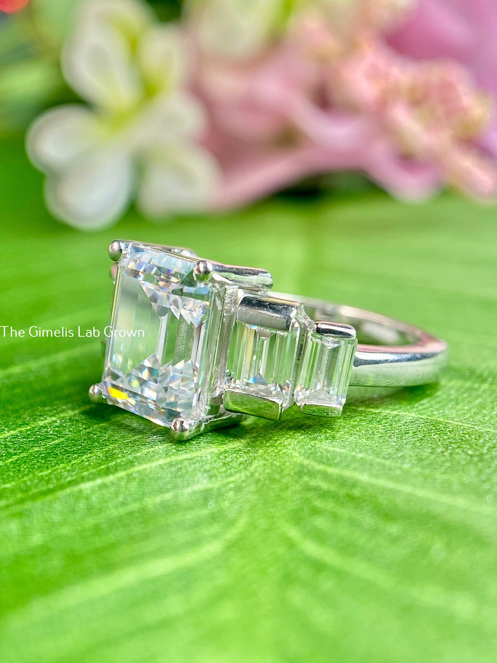 Five Stone Ring, Emerald Cut Moissanite Engagement Ring, Prong Set Ring ...