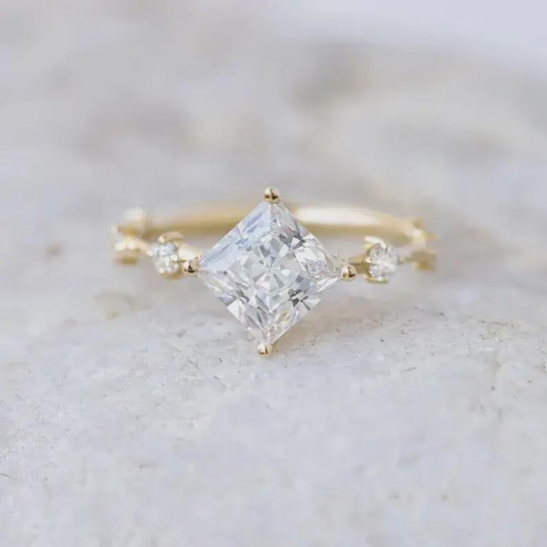 Princess Cut Moissanite Engagement Rings, Princess Kite Set Minimalist ...