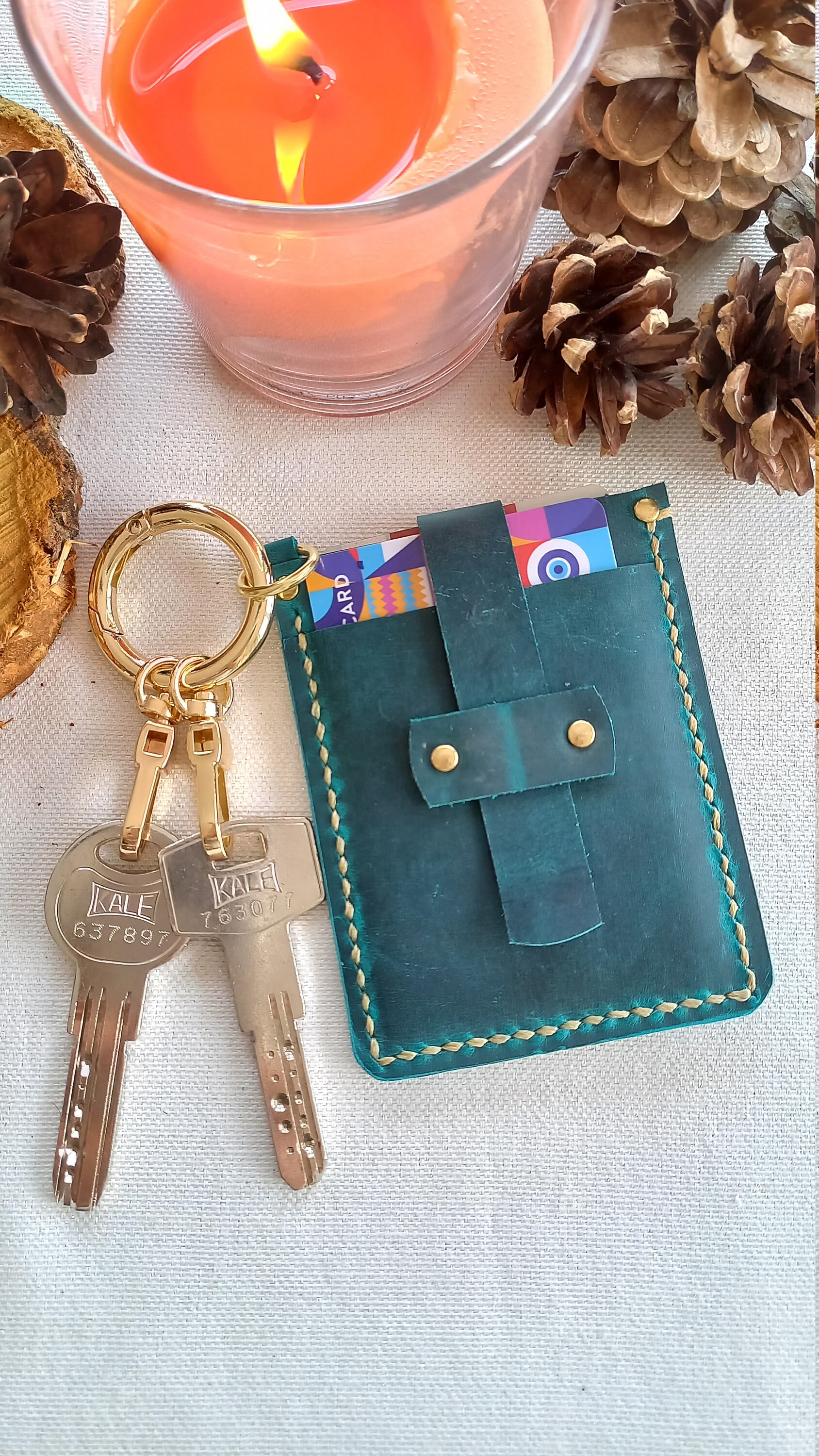 Blue Leather Keychain Wallet, Handmade Cute Wallet, Credit Card Holder ...