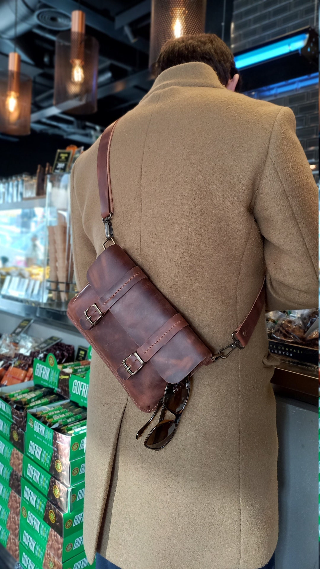 Brown Leather Large Crossbody Bag Man, Messenger Bag Men, Leather Fanny ...