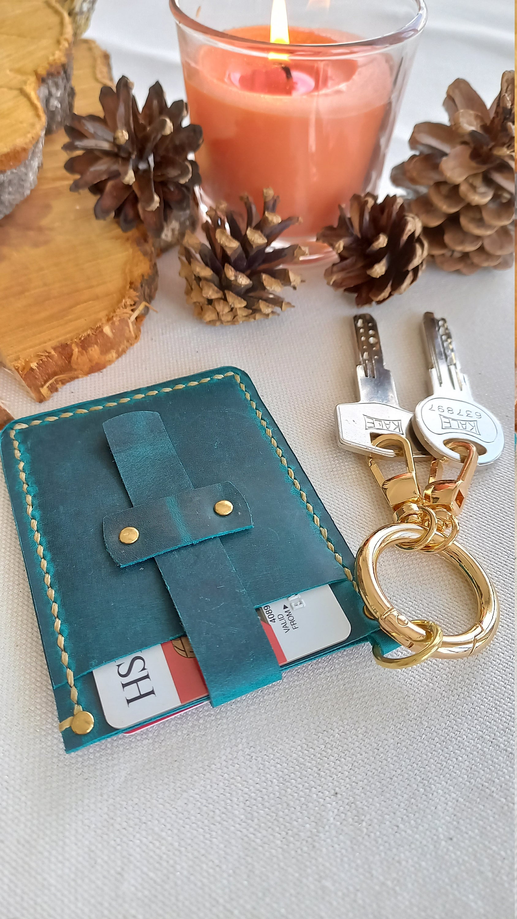 Blue Leather Keychain Wallet, Handmade Cute Wallet, Credit Card Holder ...