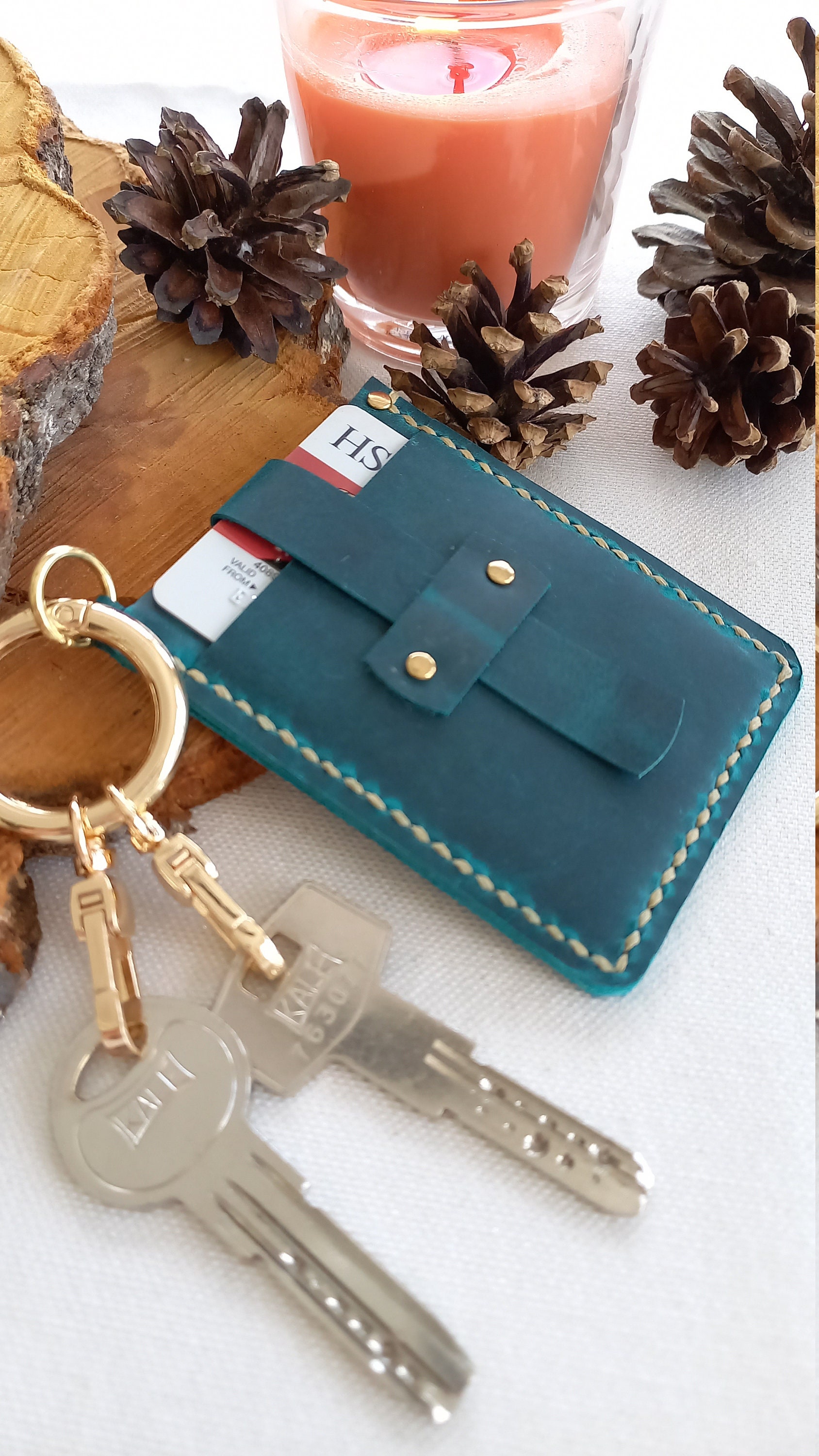 Blue Leather Keychain Wallet, Handmade Cute Wallet, Credit Card Holder ...