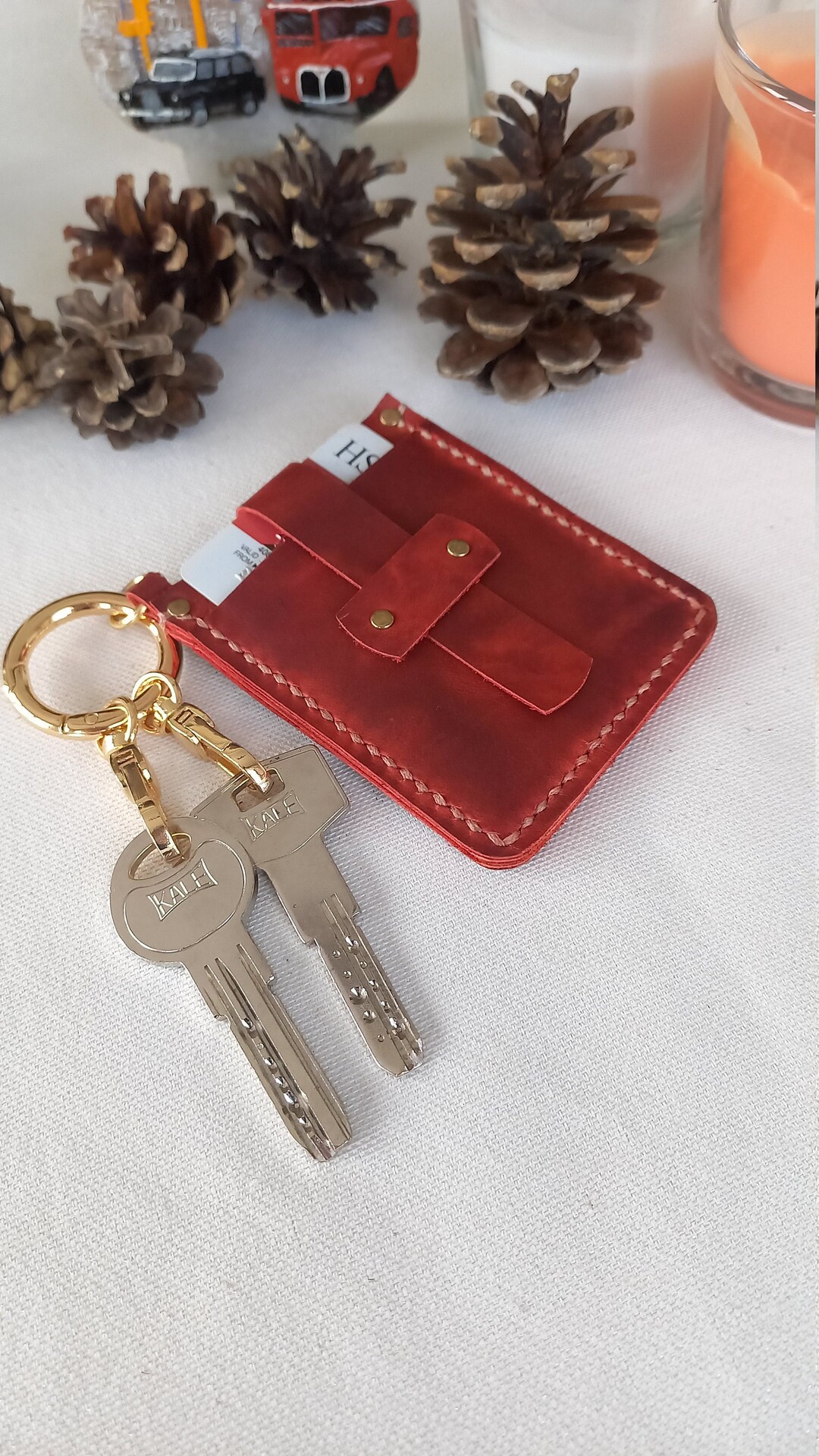 Red Cute Wallet, Leather Key Chain With Slim Wallet, Key Organizer ...