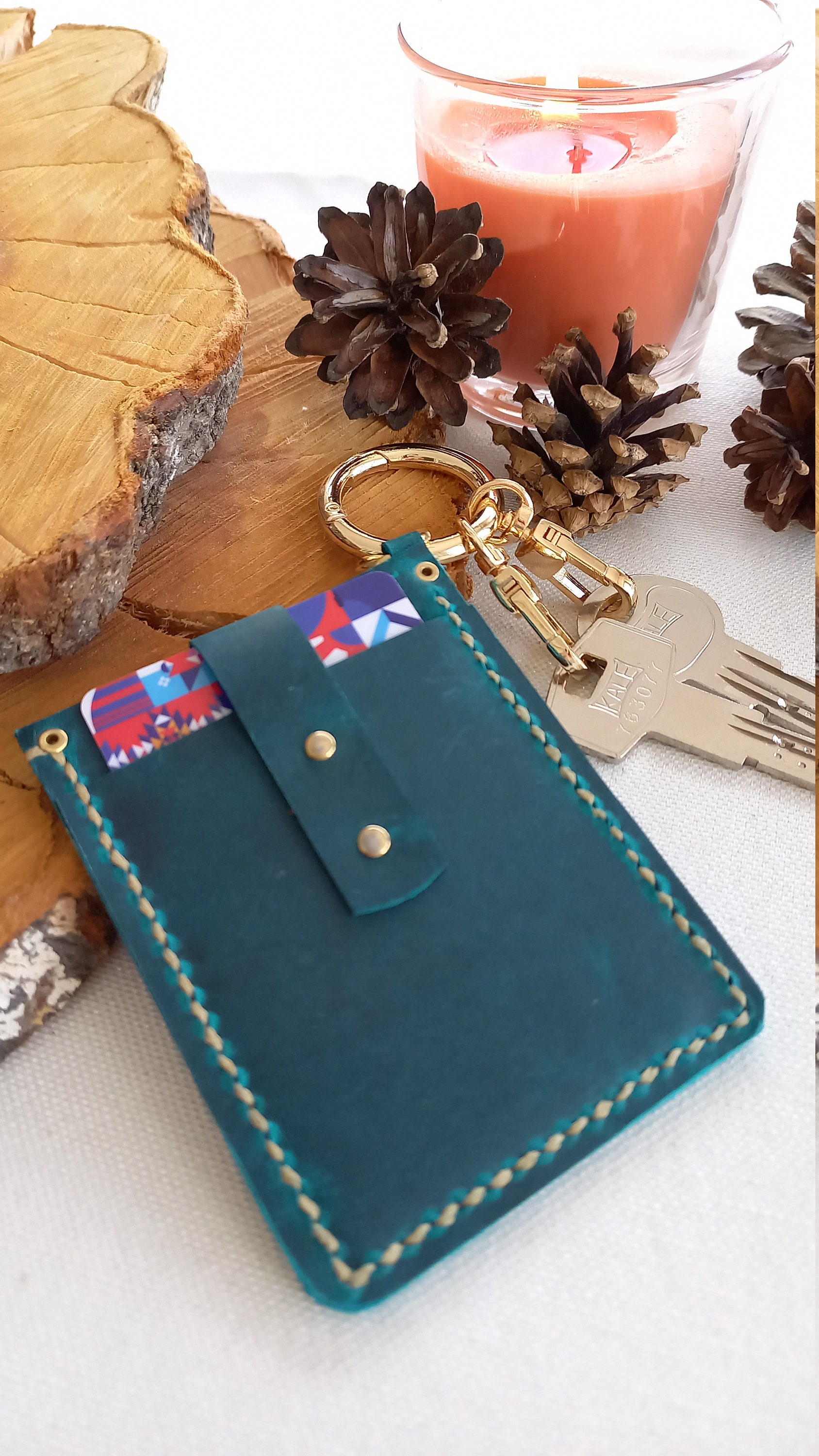 Blue Leather Keychain Wallet Handmade Cute Wallet Credit - Etsy