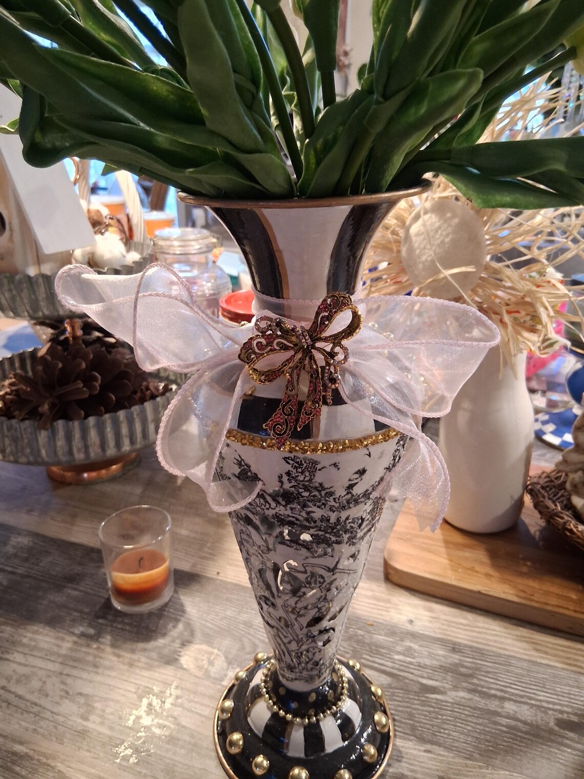 Black Toille and Check Metal Vase With Light Peach Faux Tulips ! - Etsy