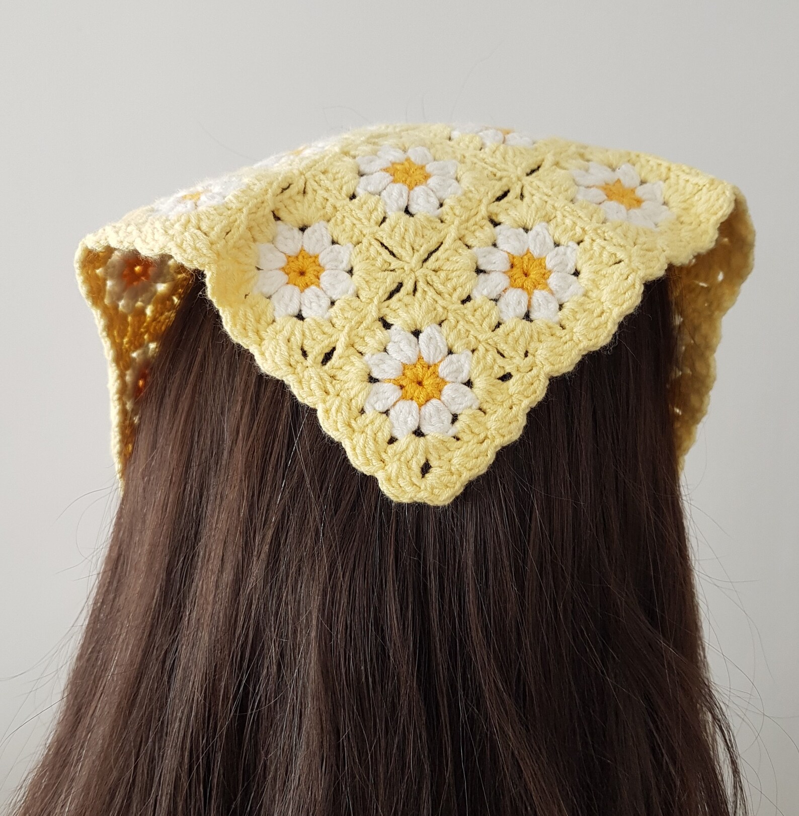 Daisy Light Yellow Crochet Bandana, Flower Hair Kerchief, Boho Hair ...