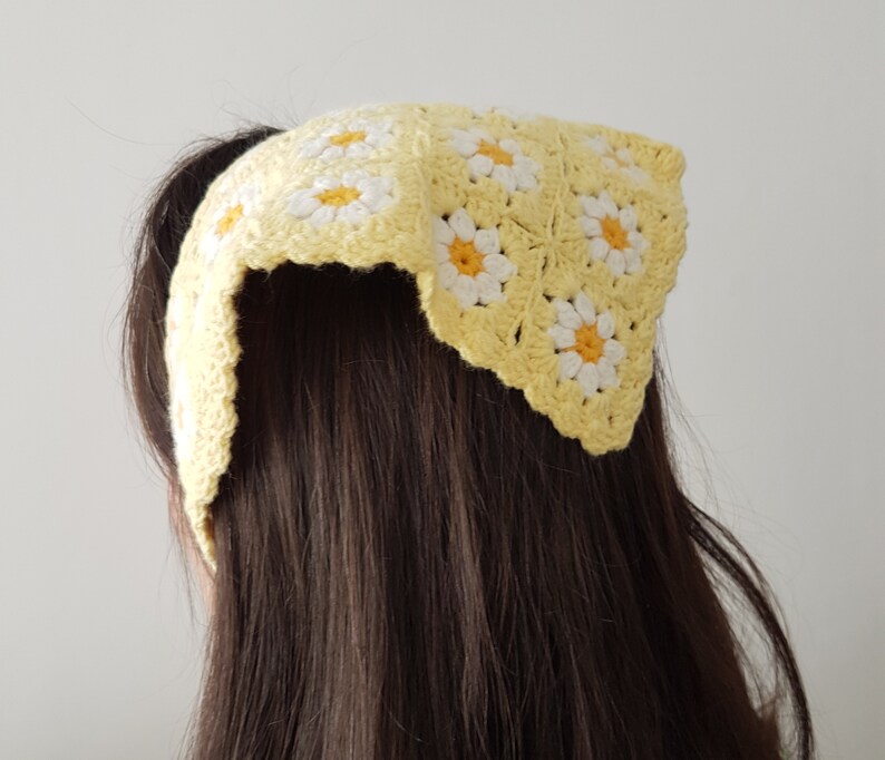 Daisy Light Yellow Crochet Bandana, Flower Hair Kerchief, Boho Hair ...