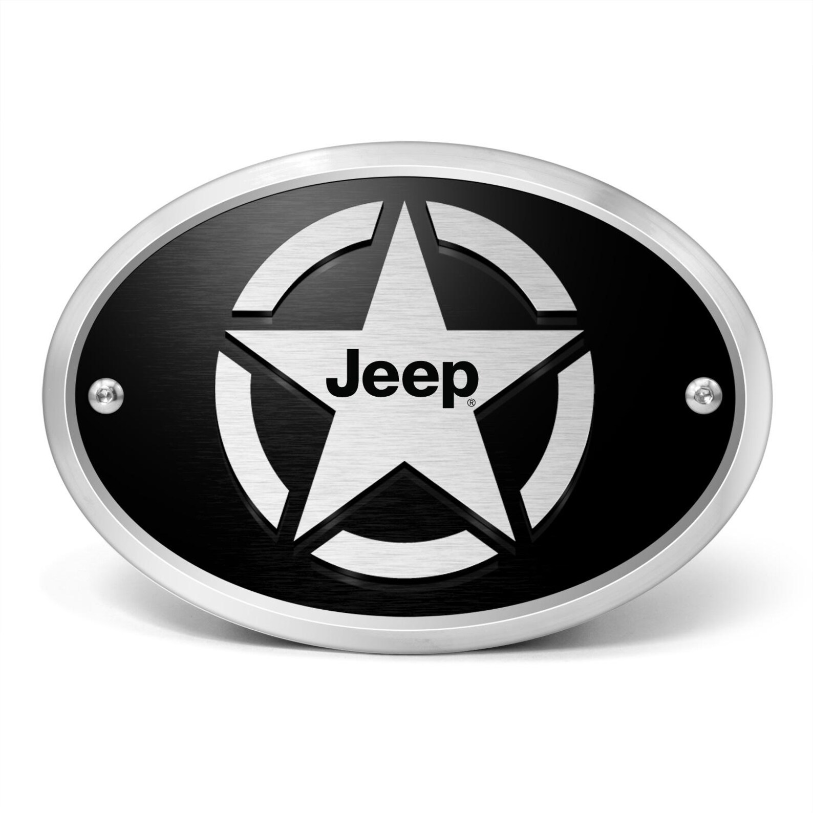 Jeep Willys Star Logo in 3D on Black Plate Oval Brushed Silver Billet ...
