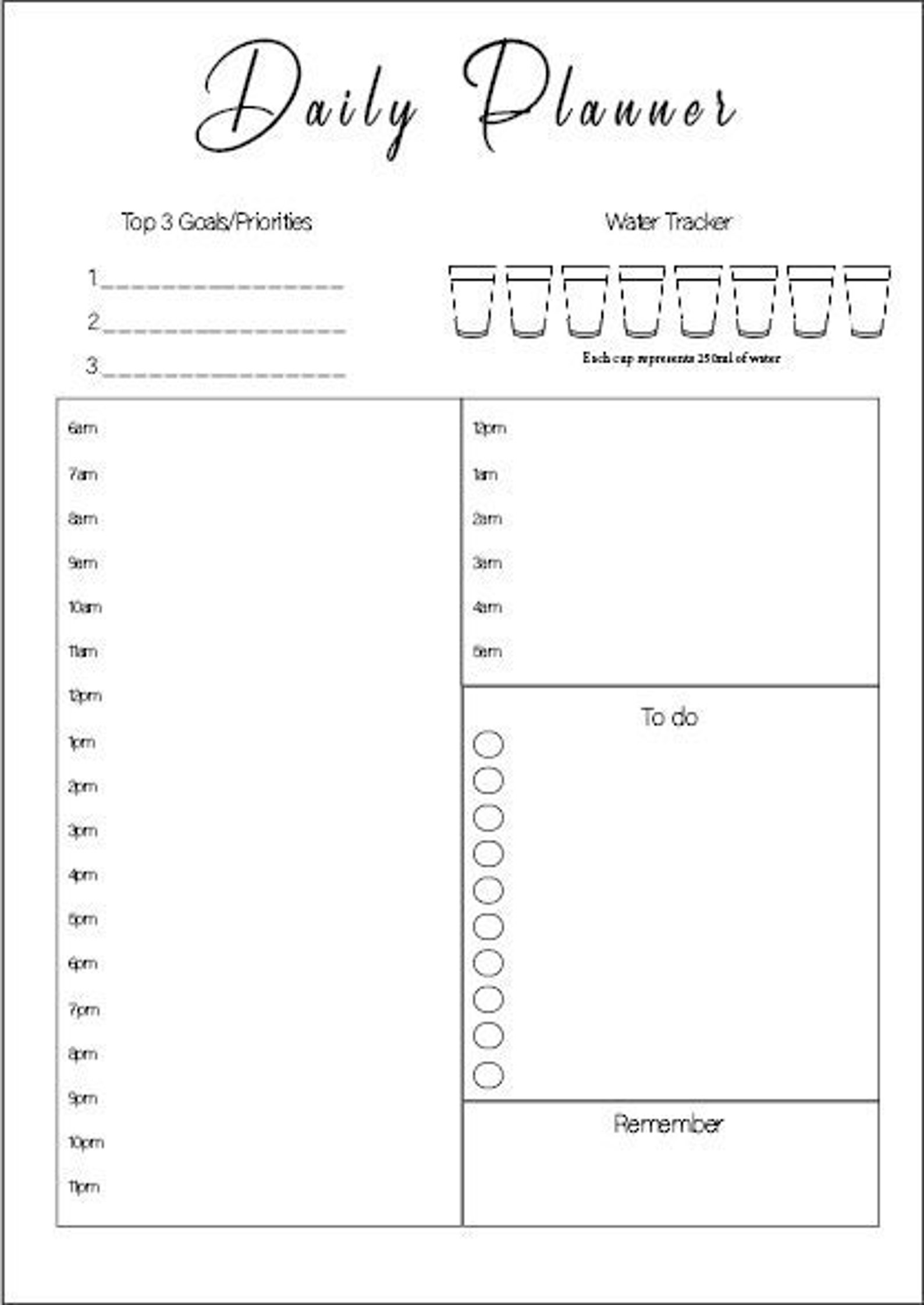 Printable 24 Hour Daily Planner With Water Tracker. - Etsy