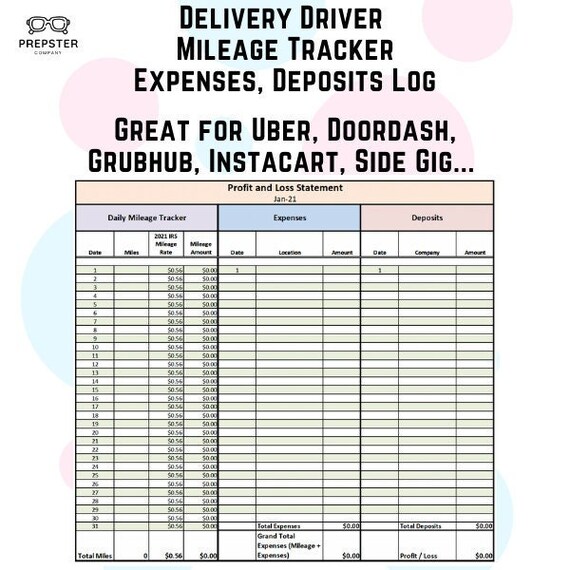 2021 Printable PDF Excel Delivery Driver Log Side Gig Income | Etsy