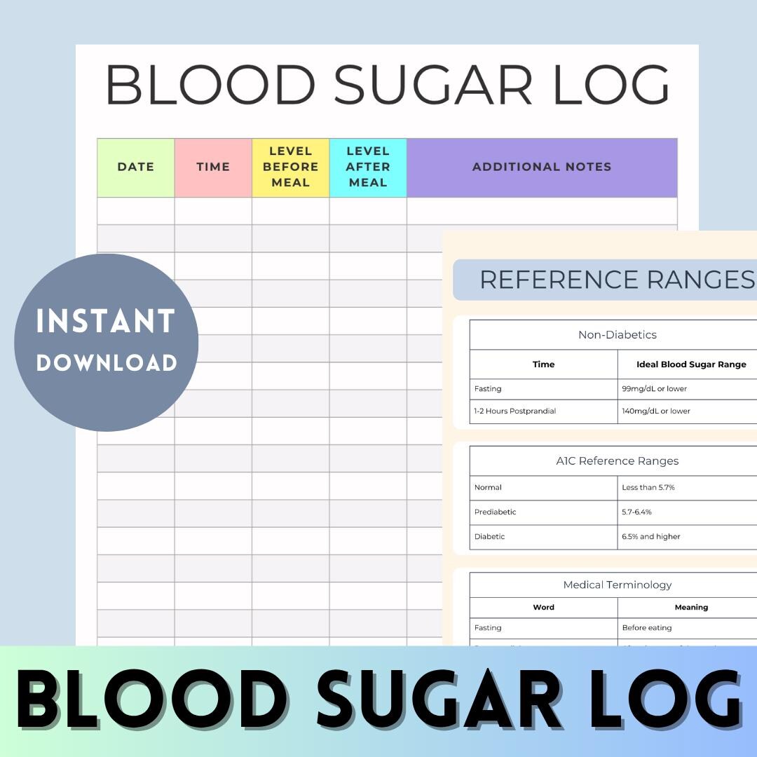 Printable Blood Sugar Log, Diabetes Management Tool, Blood Sugar Log ...