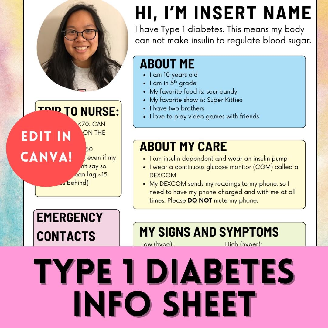 Type 1 Diabetic All About Me Info Sheet, T1D Medical Info Sheet for ...