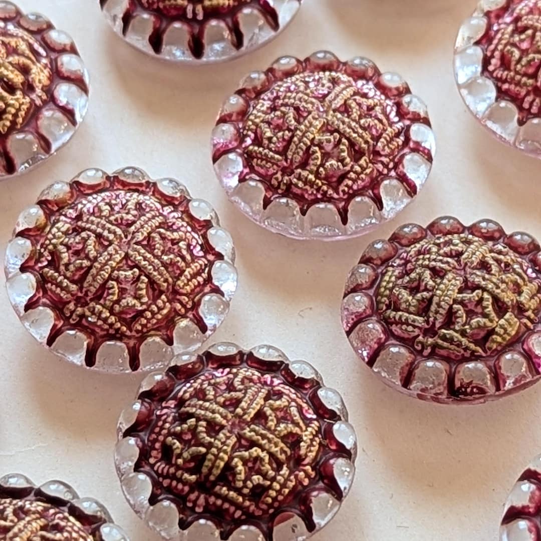 Vintage Glass Button Card: Hand-painted Red-gold Design, 1950s German ...