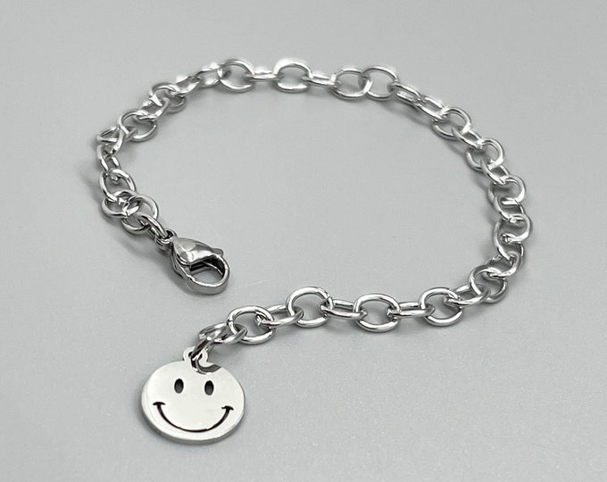 Stainless Steel SMILEY FACE Charm Bracelet ~ No Tarnish ~ Round Link ...
