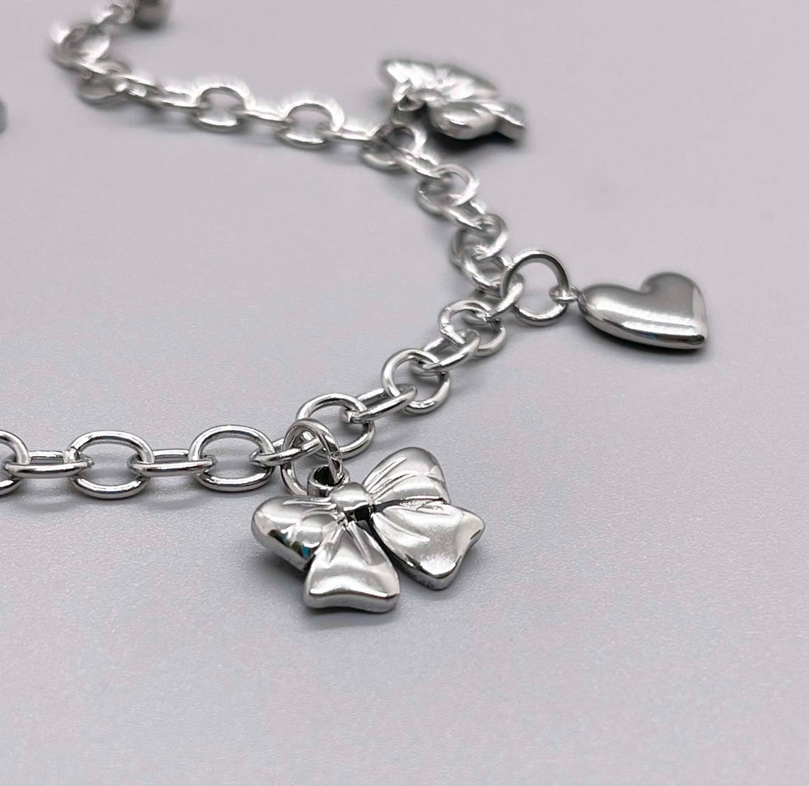 Stainless Steel Hearts & Bows Charm Bracelet, Silver Bowknot Charms ...