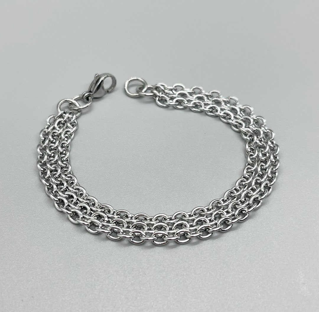 Stainless Steel Silver Layered Chain Bracelet No Tarnish Silver Cable ...