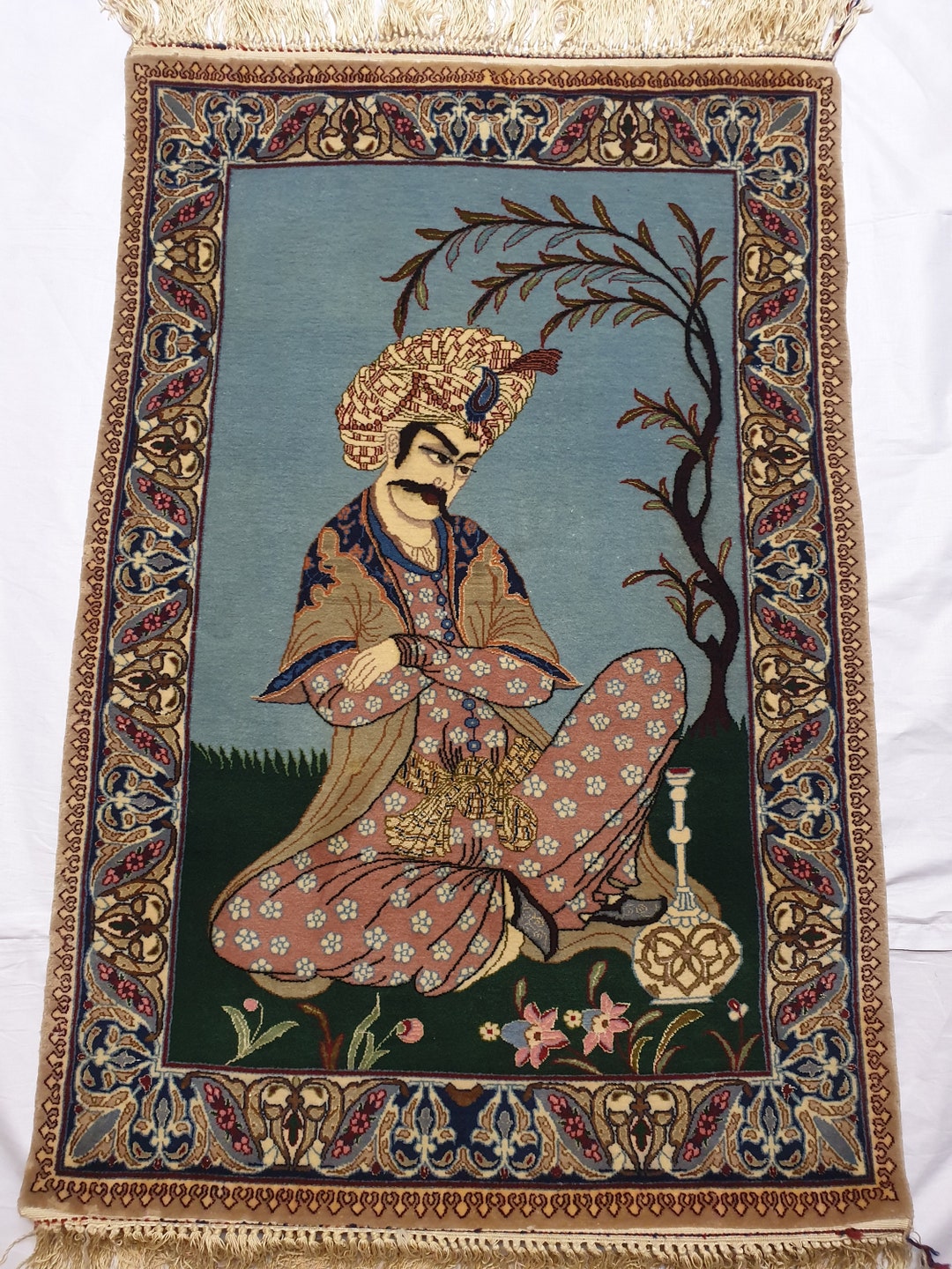 Handmade 3x2 Persian Sheikh Sadi Wall Decor Rug Tapestry, Green Blue ...