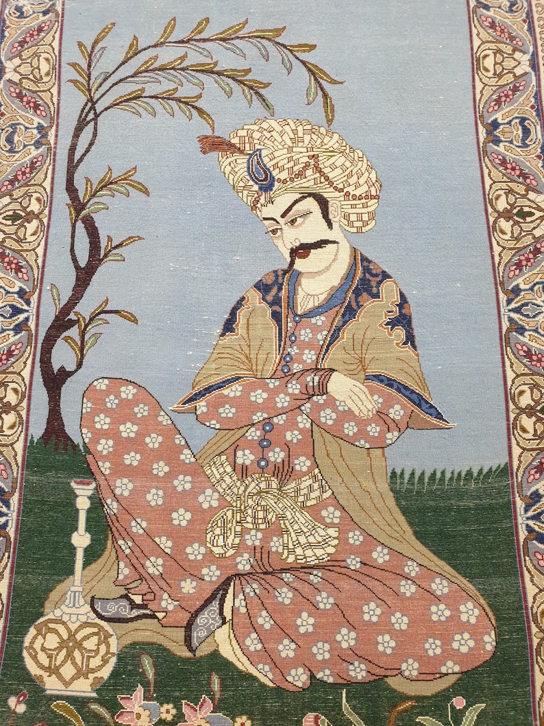 Handmade 3x2 Persian Sheikh Sadi Wall Decor Rug Tapestry, Green Blue ...
